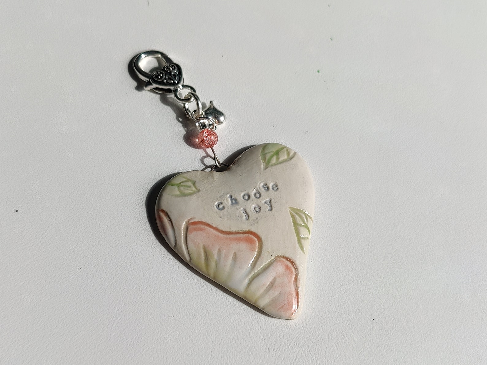 Ceramic Heart Ornament Pendant, Choose Joy Engraved Embossed Floral ...