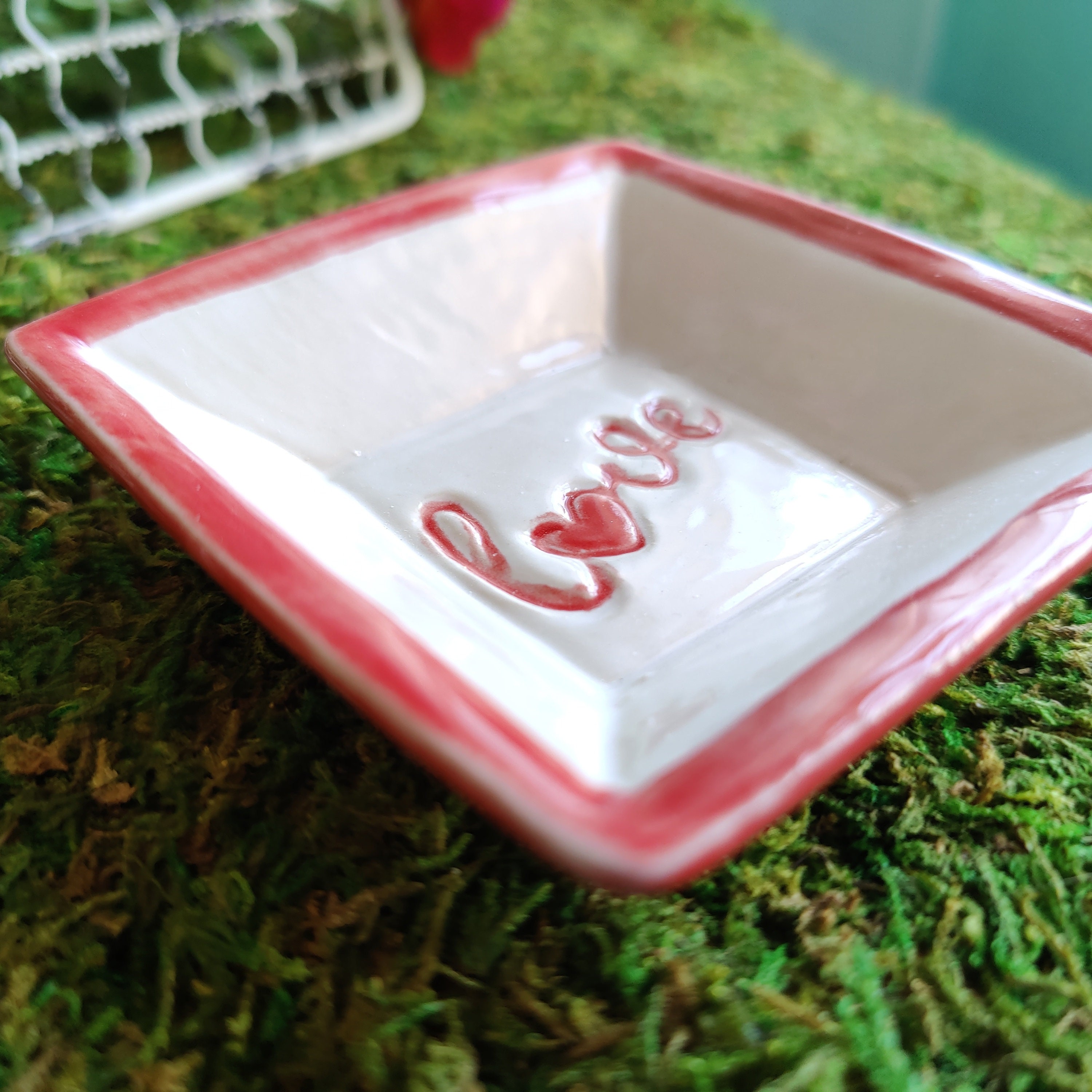 Red Heart Embossed Love Square Trinket Ring Dish, Engraved Unique ...