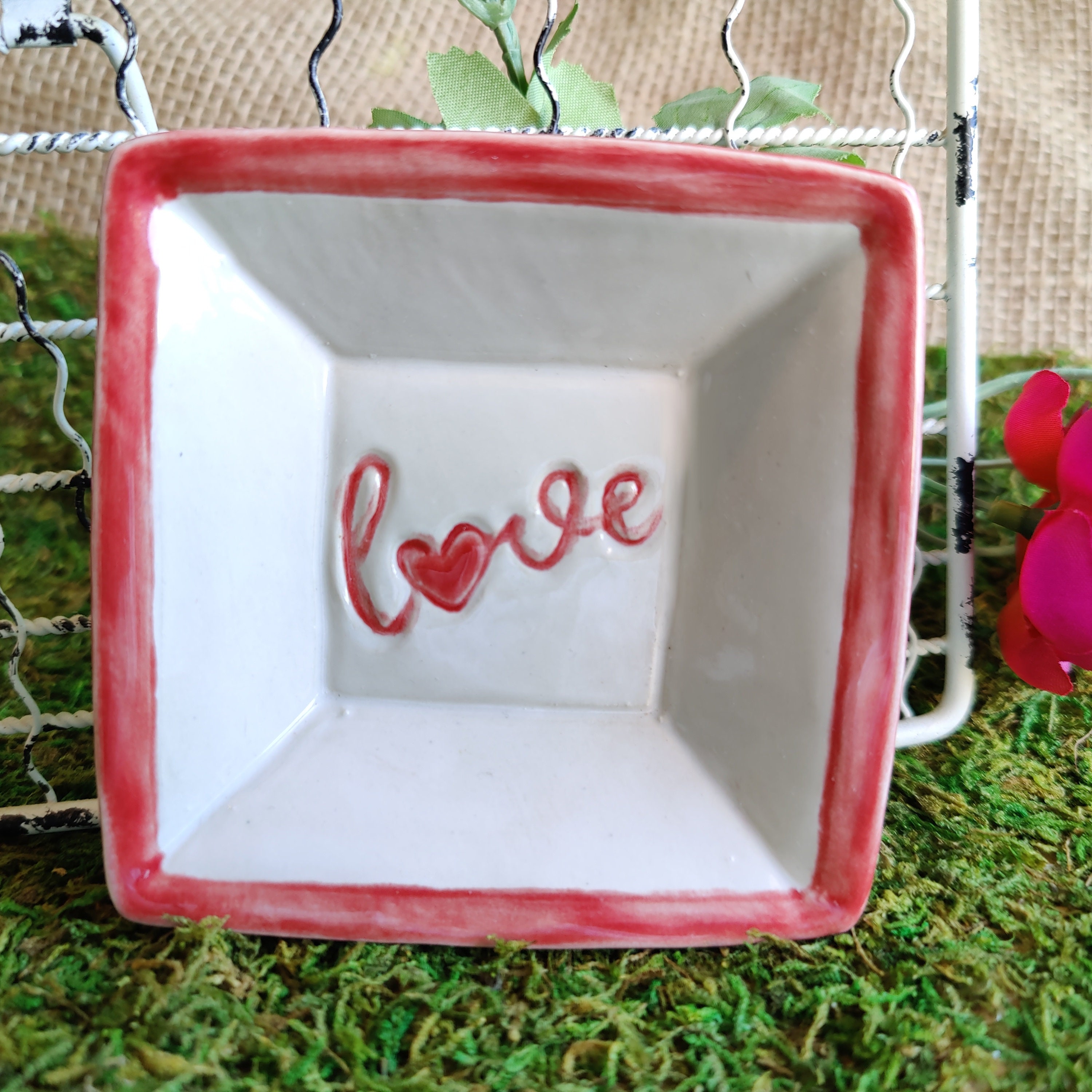 Red Heart Embossed Love Square Trinket Ring Dish, Engraved Unique ...