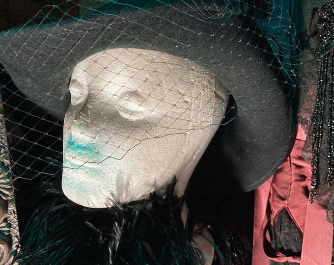 Black Net Hat Vintage Felt Wool Veil Netting Pom Pom 50's Gothic Noir ...