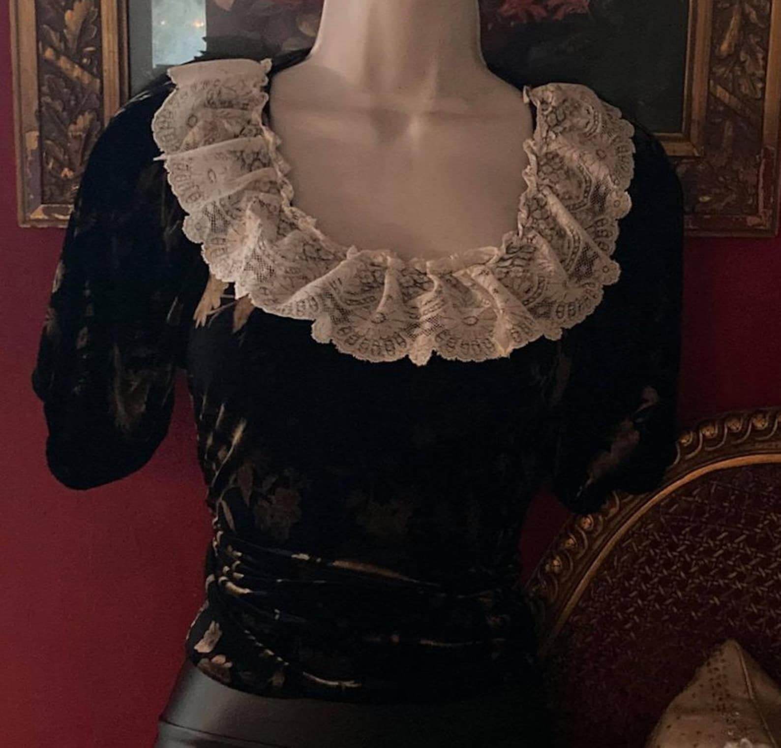 Gothic Velvet Blouse Top Lace Collar Goth Vampire Witch Boho Small ...