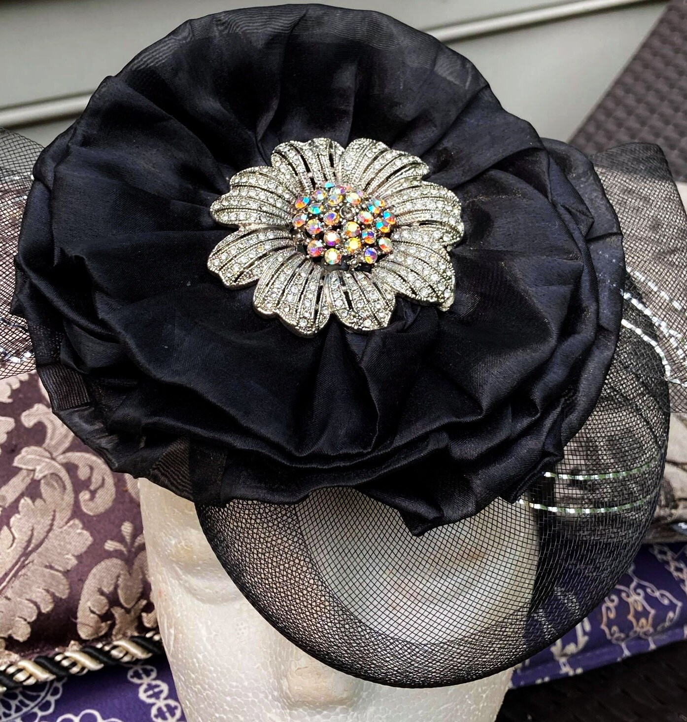 Black Net Hat Rose Flower Fascinator Vintage Netting 50's | Etsy