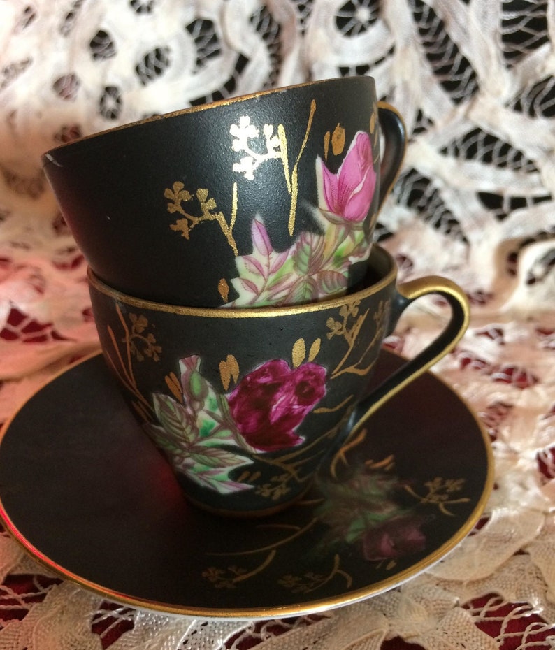 Black Tea Set China Roses Painted Minature Cups and Saucer | Etsy
