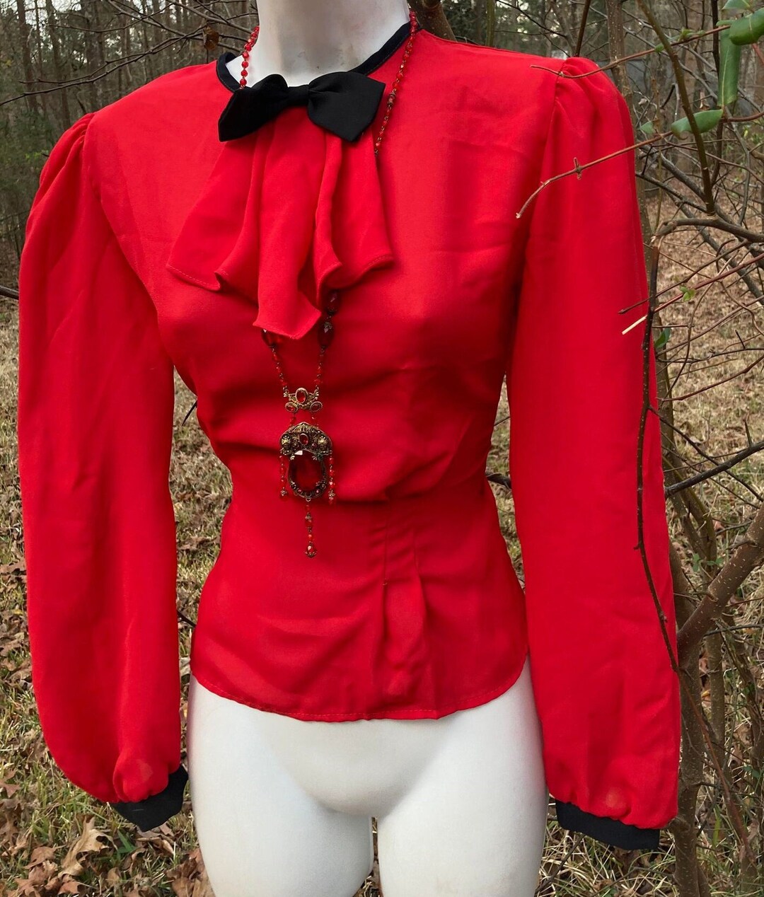 Red Bow Blouse Puff Sleeve Top L Goth Vampire Witch Boho Small - Etsy