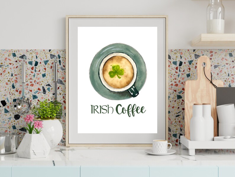 Shamrock Latte Art Print: Irish Coffee Watercolor Kitchen Decor - Etsy