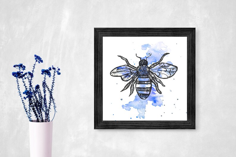 Blue Bee, Bee Watercolor, Bee Painting, Bee Print, Bee Wall Decor, Bee ...