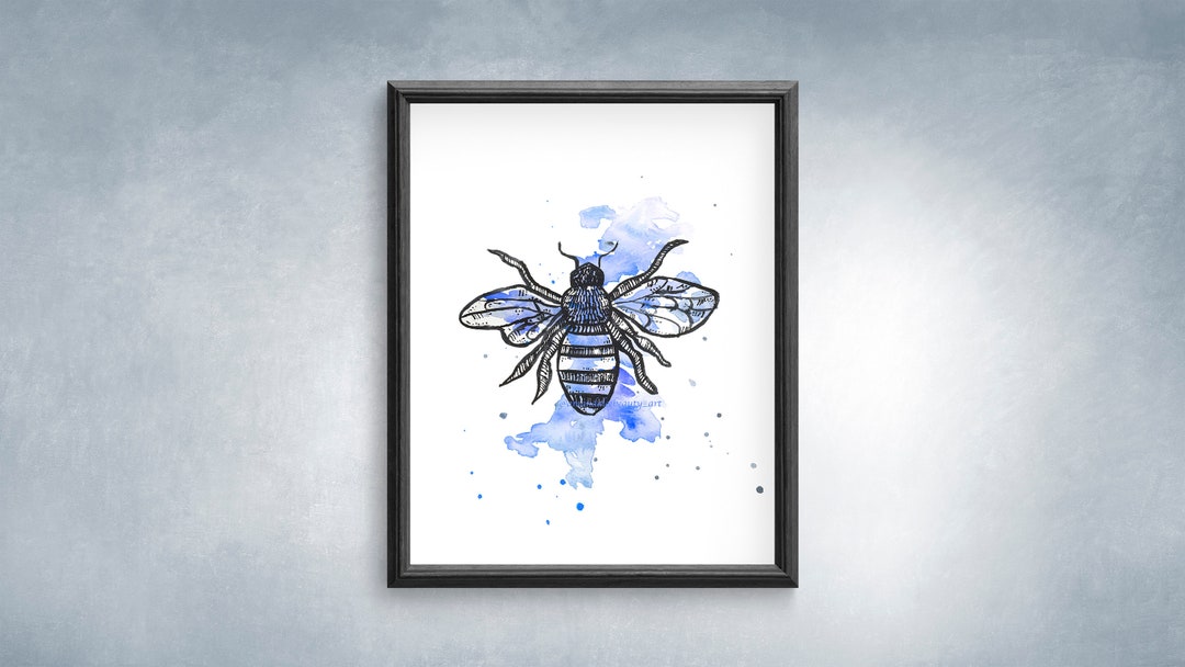 Blue Bee, Bee Watercolor, Bee Painting, Bee Print, Bee Wall Decor, Bee ...