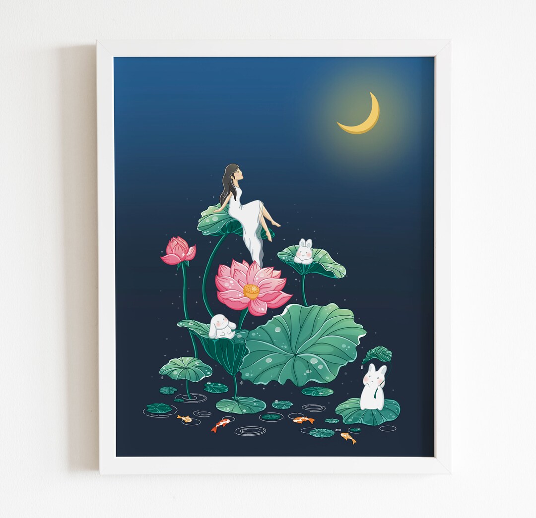 Moonlight Moon Gazing Art Print, 8x10 Art Print, Lotus Art , Lily Pad ...