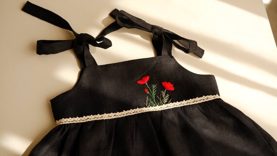 Poppy Linen Dress Flower Embroidery Girl's Fall Clothes - Etsy