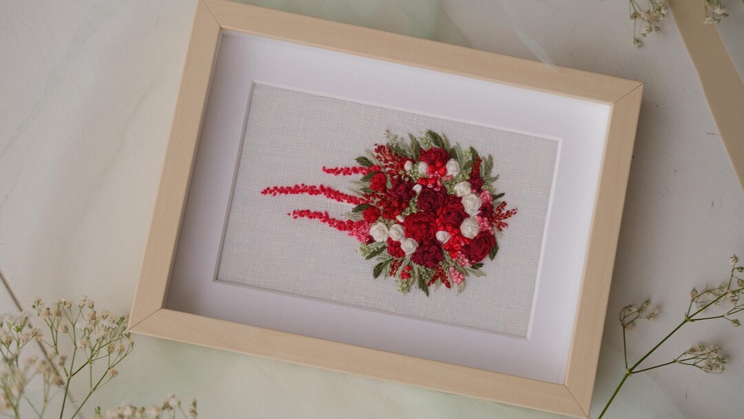 Hand Embroidery Frame Custom Wedding Bouquet Design Anniversary Gift ...