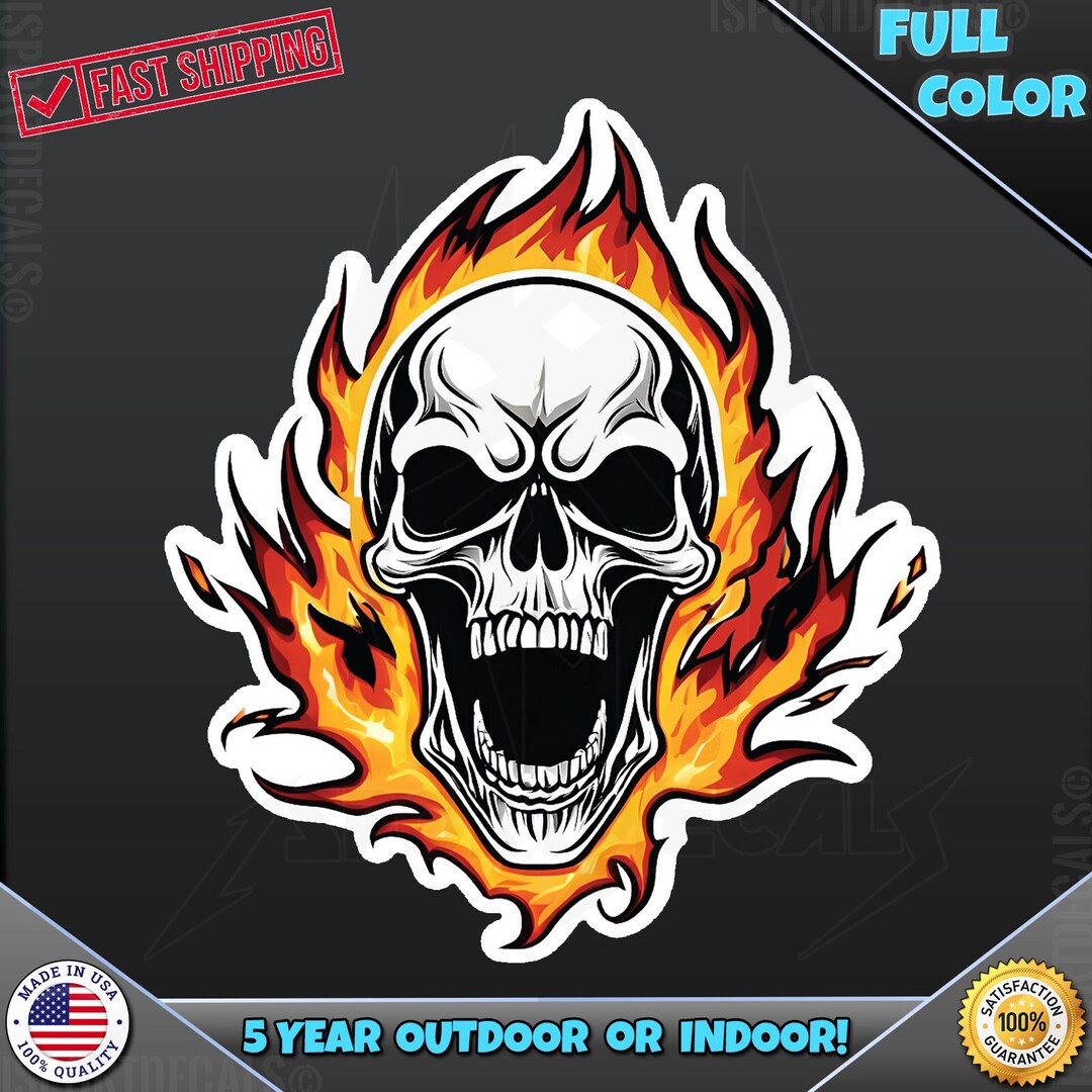 Flaming Flames Screaming Skull JDM Cool Funny Car Vinyl Decal Sticker ...