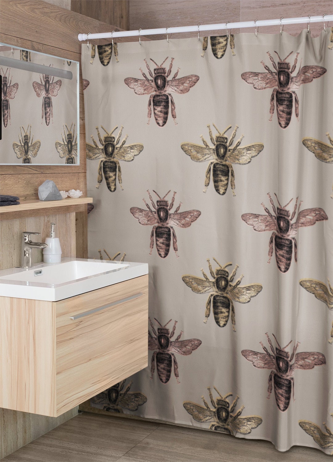 Farmhouse Rose Gold Bee Shower Curtain, Bee Decor, Bath Sets, Bathroom ...