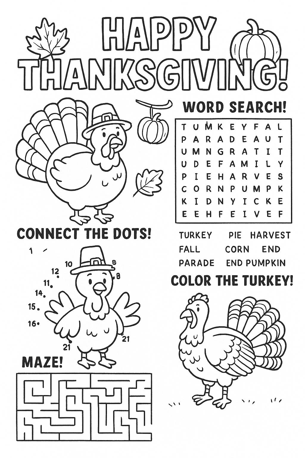 Kids Thanksgiving Coloring Activity Page - Etsy