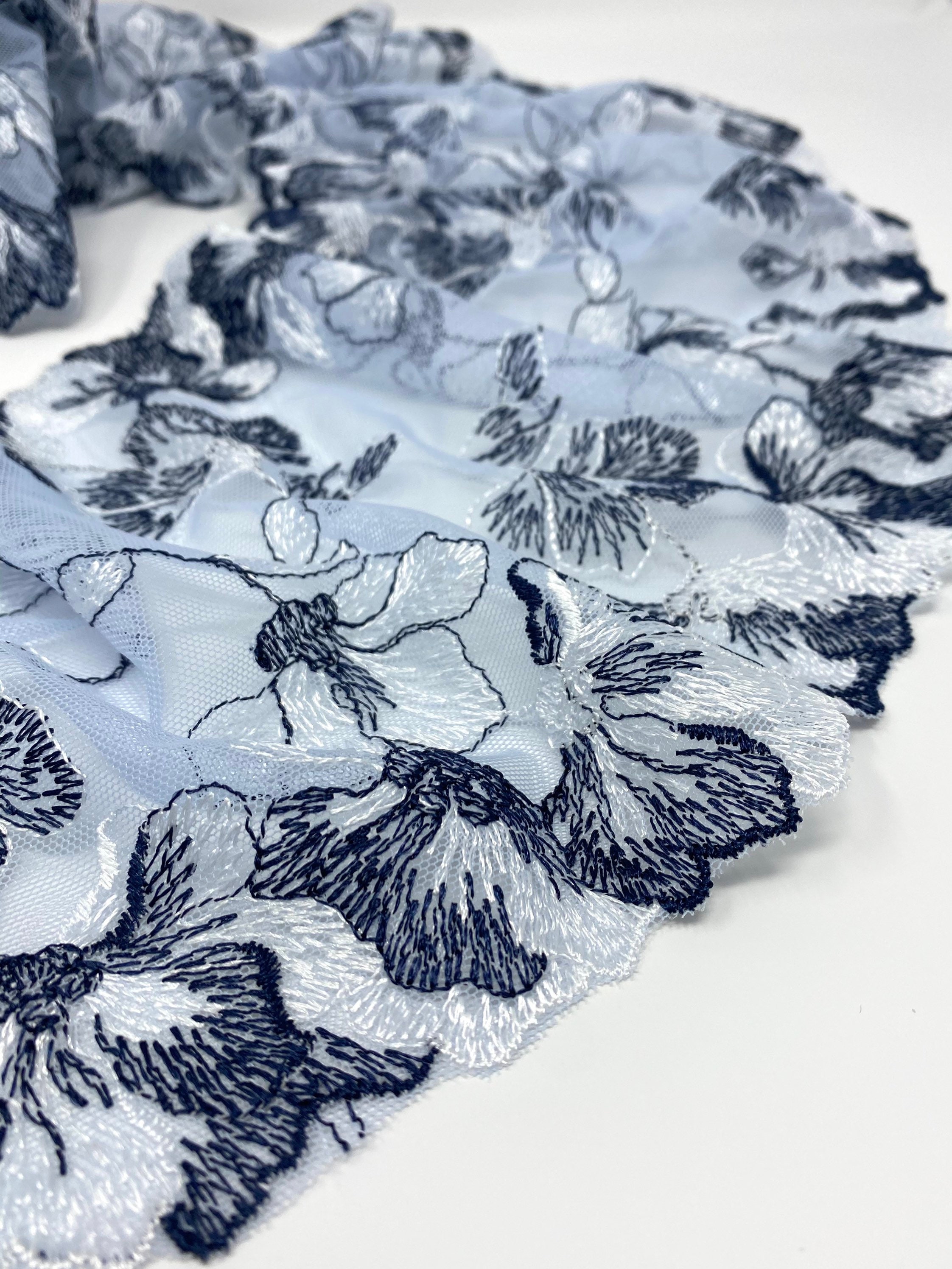 White and Navy Blue Embroidery Soft Tulle Rigid non-elastic - Etsy