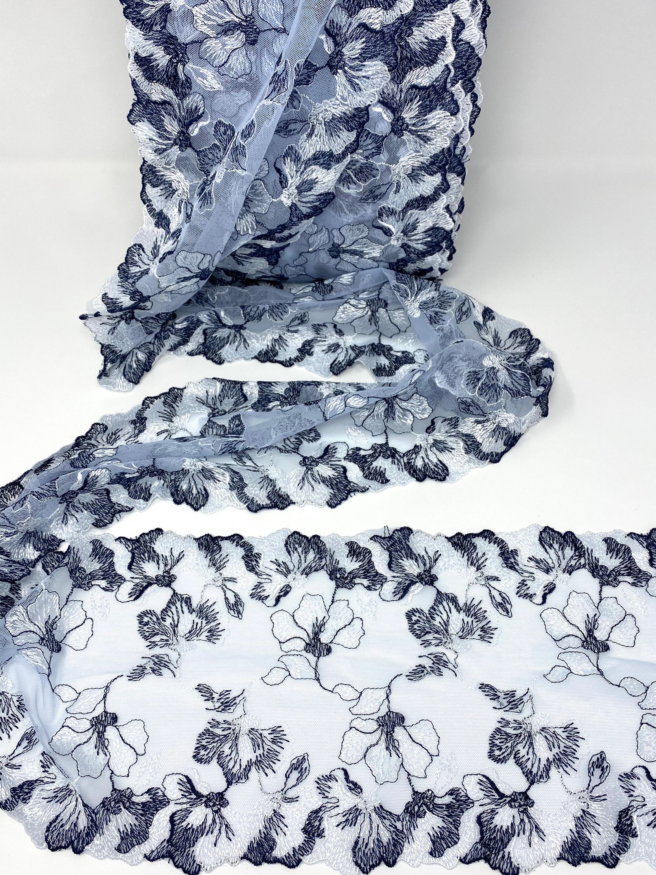 White and Navy Blue Embroidery Soft Tulle Rigid non-elastic - Etsy