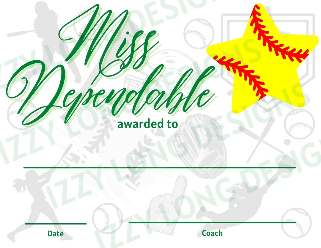 Softball Awards Certificate Miss Dependable - Etsy