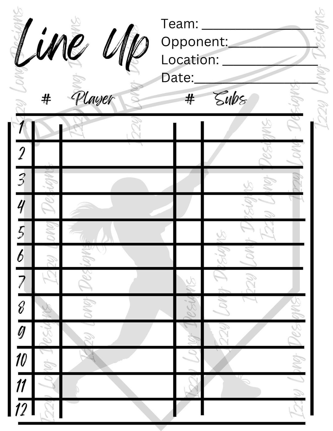 Baseball Softball Team Lineup Card Printable Player - Etsy