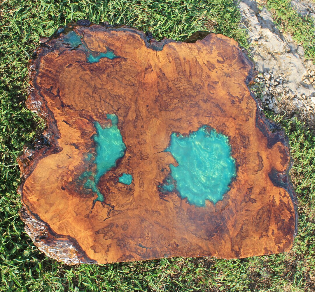 Transparent Teal Epoxy Resin Oak Burl Wood End Table - Etsy