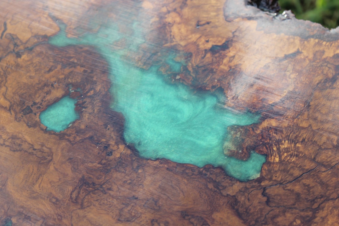 Transparent Teal Epoxy Resin Oak Burl Wood End Table - Etsy