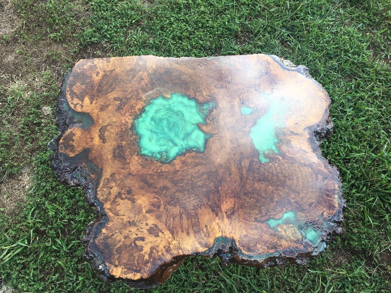 Transparent Teal Epoxy Resin Oak Burl Wood End Table - Etsy
