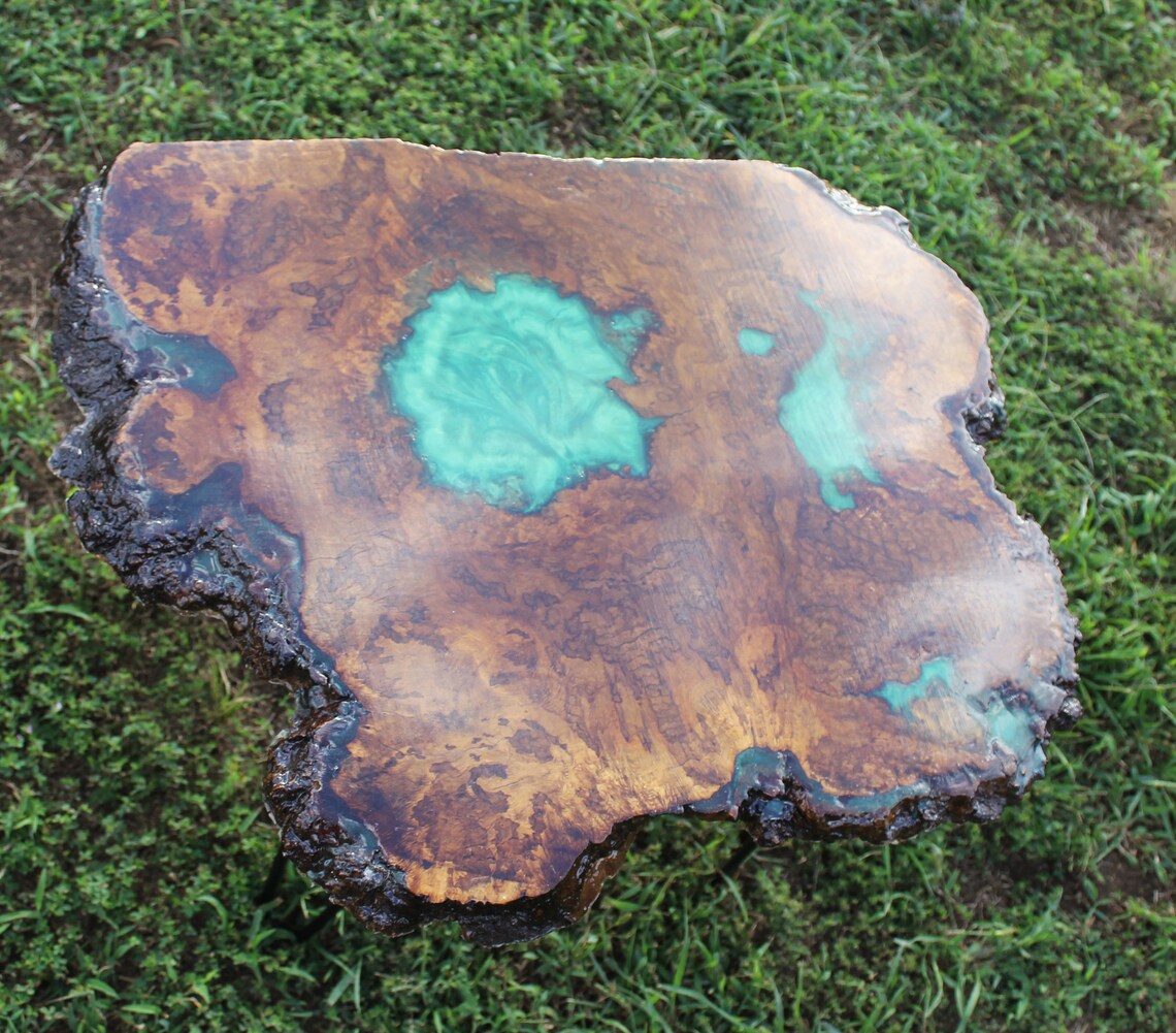 Transparent Teal Epoxy Resin Oak Burl Wood End Table - Etsy