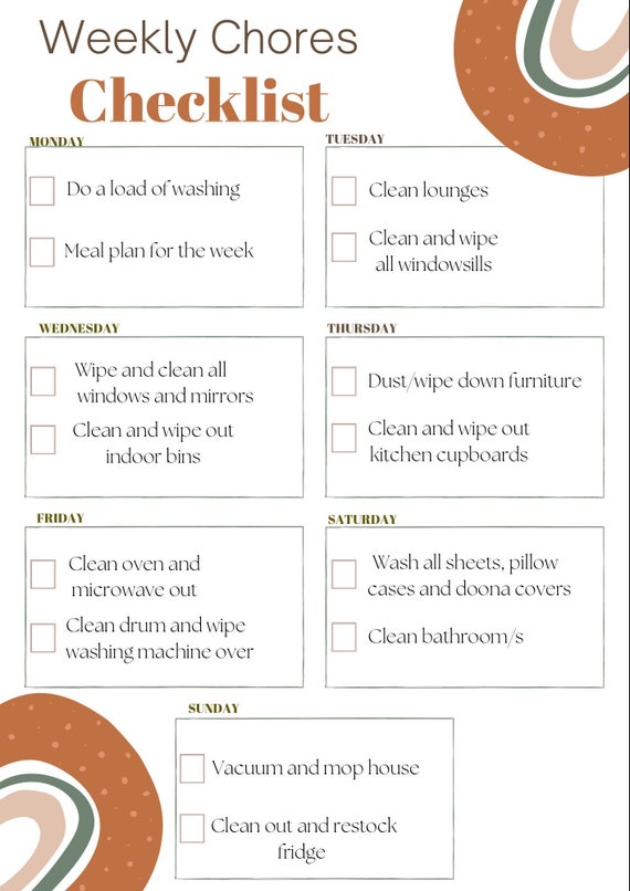 Weekly Chores Checklist - Etsy