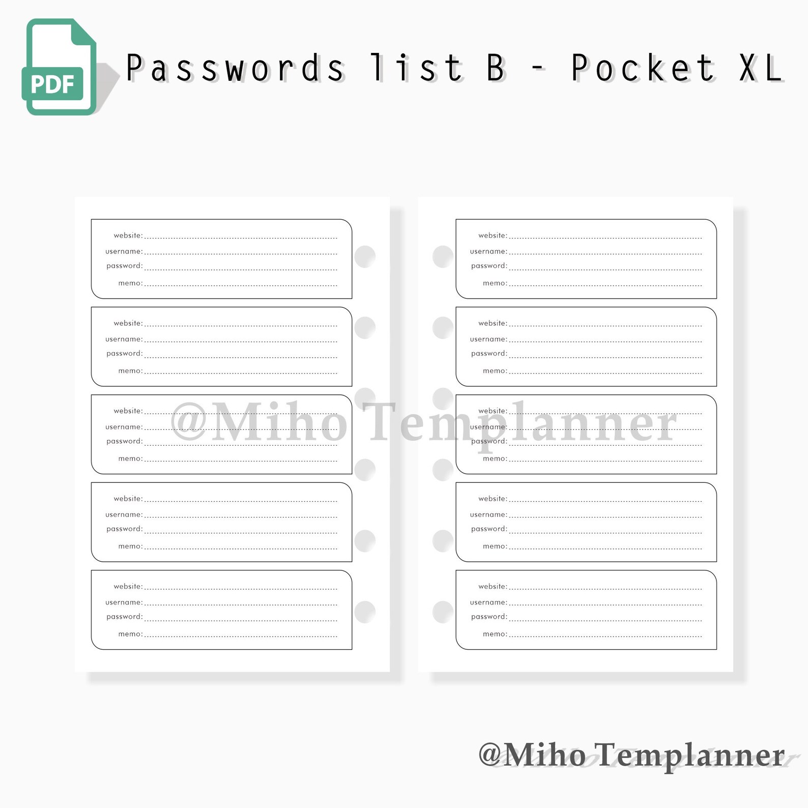 Passwords Printable Pocket XL size Inserts Password Log | Etsy