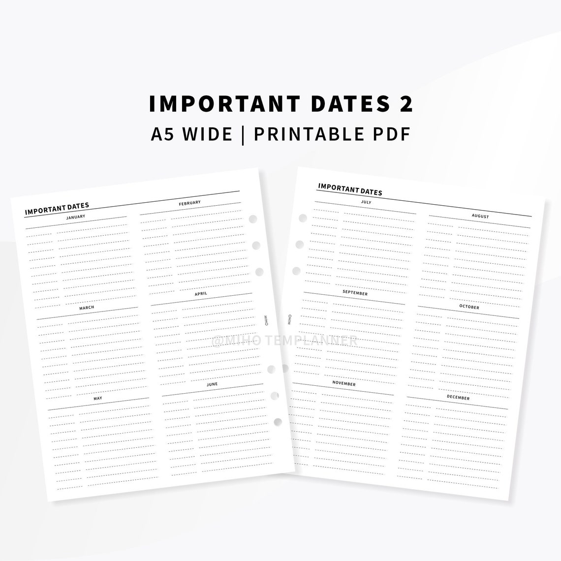 Important Dates Printable Templates A5 Wide size Planner | Etsy