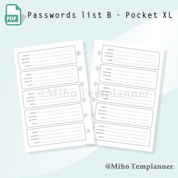 Passwords Printable Pocket XL size Inserts Password Log | Etsy