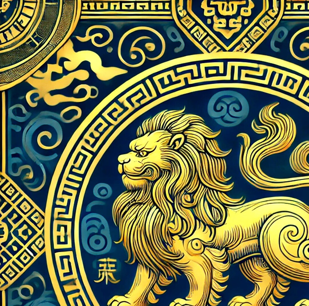 Foo Dog Fabric, Blue and Yellow Extra Wide Cotton Sateen, Lion Fabric ...