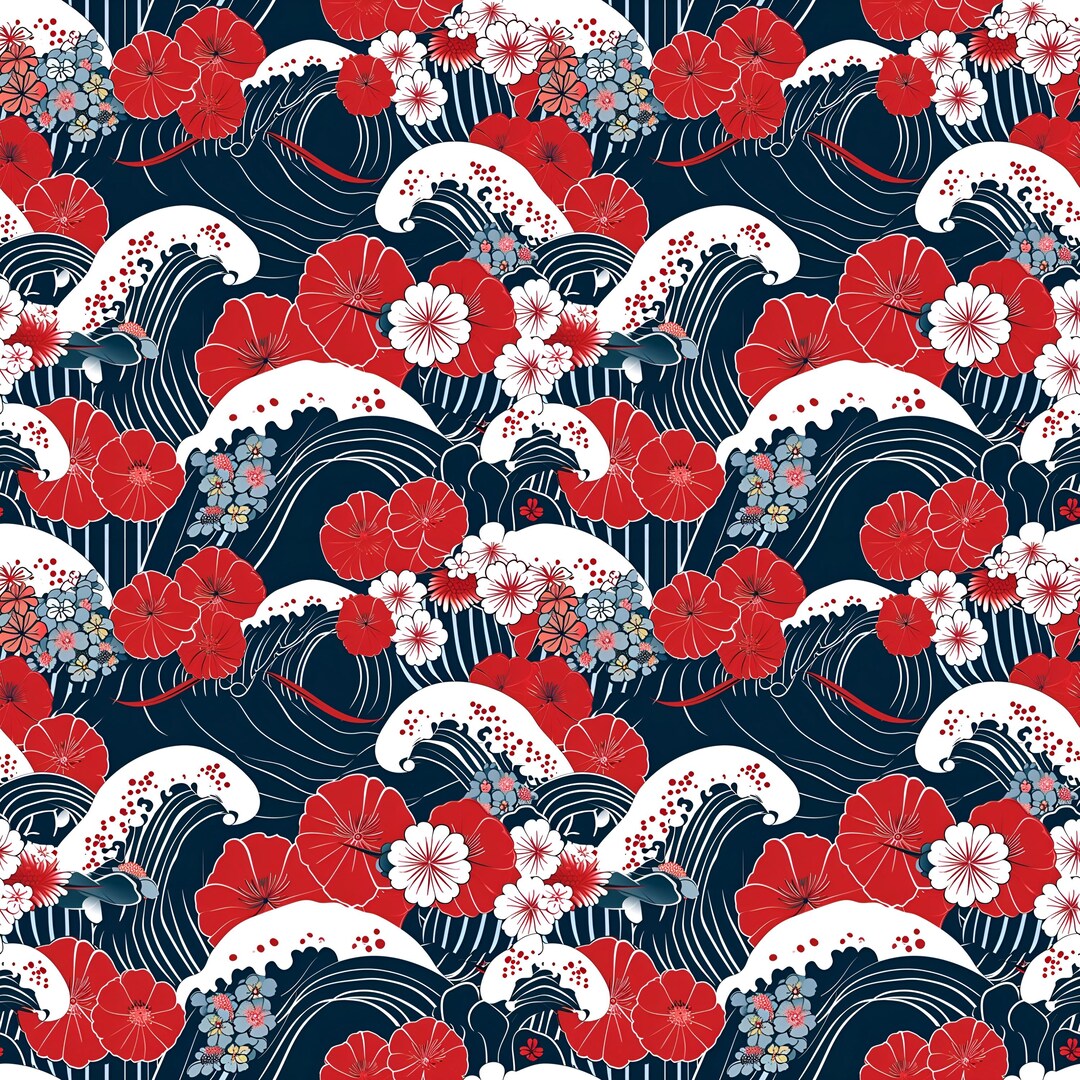 Extra Wide Japanese Wave Pattern Fabric, Red White and Blue, Cotton ...