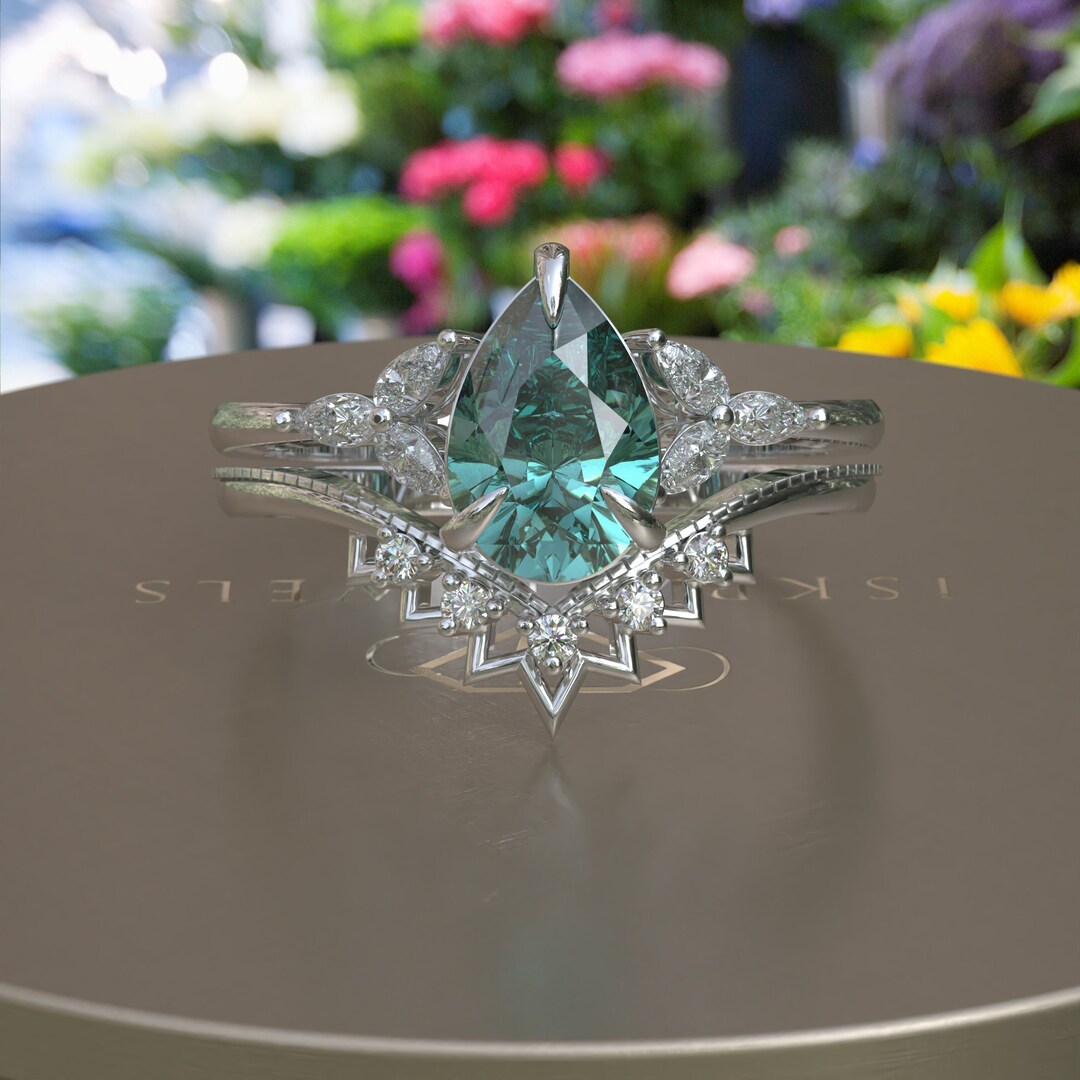 Vintage Pear Cut Cyan Blue Moissanite Engagement Ring Set, Moissanite ...
