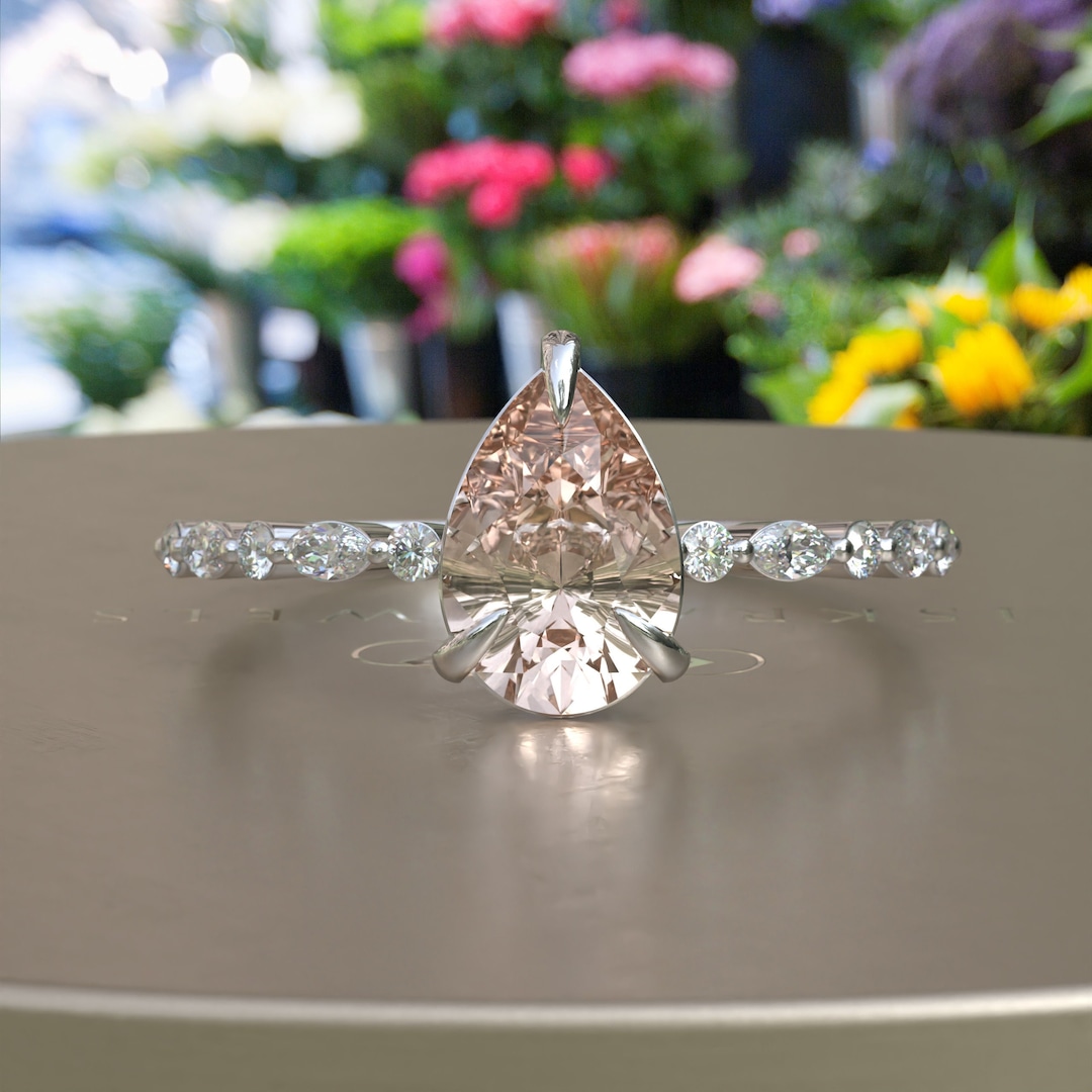 1.0ct to 3.0ct Pear Cut Morganite Engagement Ring, Natural Diamond Ring ...