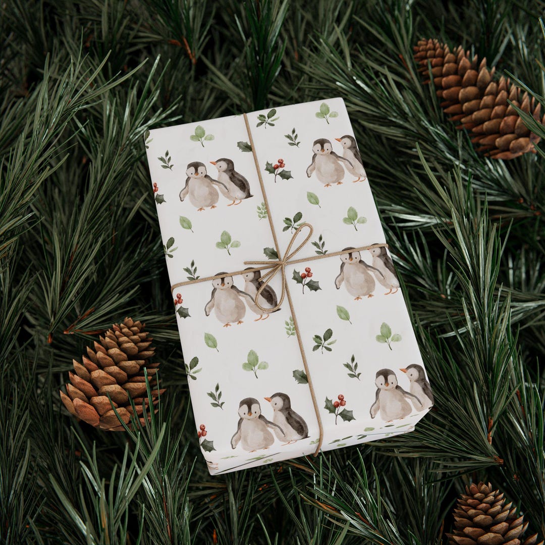 Watercolor Penguins Wrapping Paper | Holiday Gift Wrap Roll, Winter ...