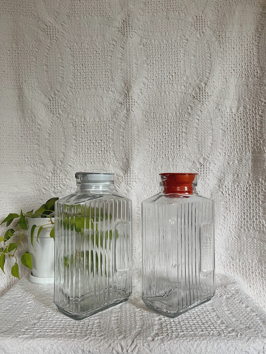 Vintage Pair of Anchor Hocking Square Glass Pitchers With Silicone Lids ...