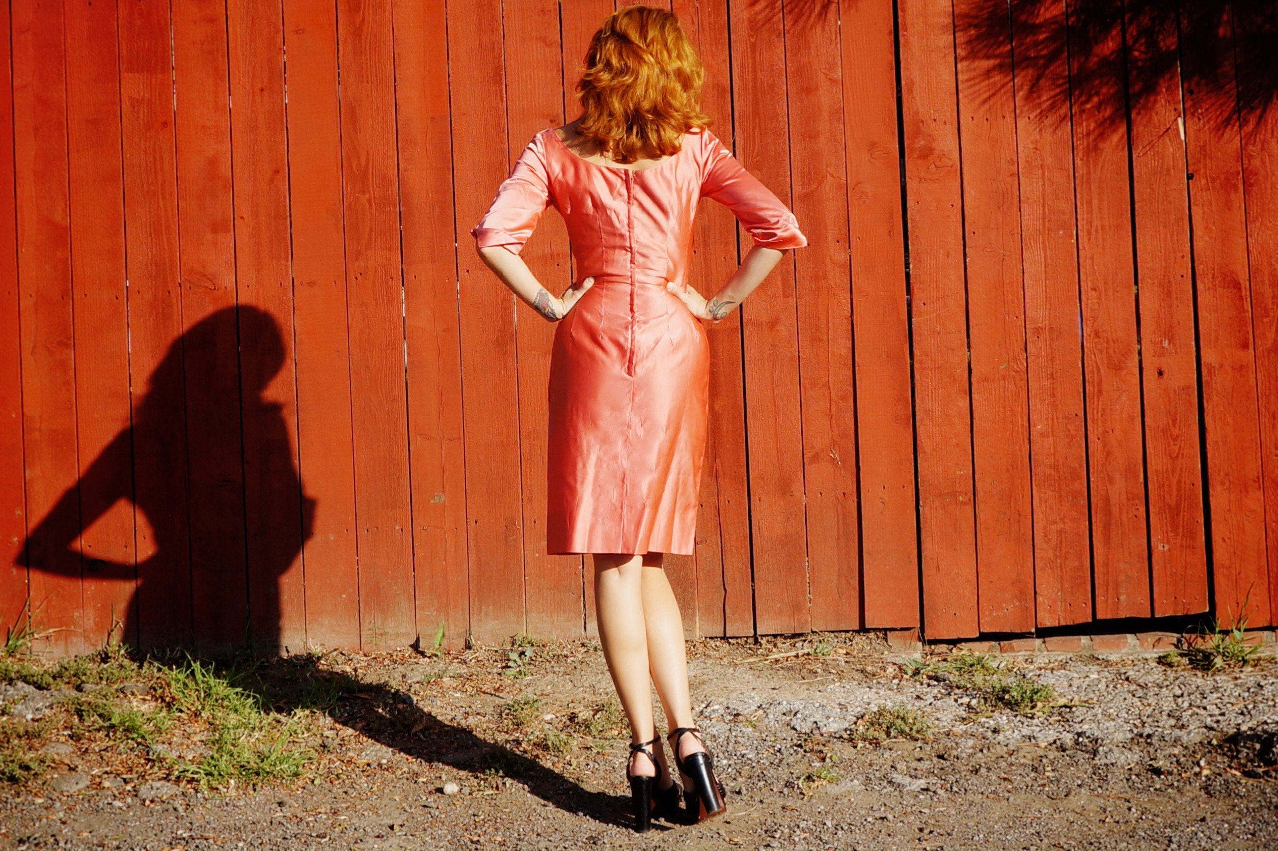 1950s Pink Satin Wiggle Dress / 1950s Satin Wiggle Dress / 1950s Pink ...