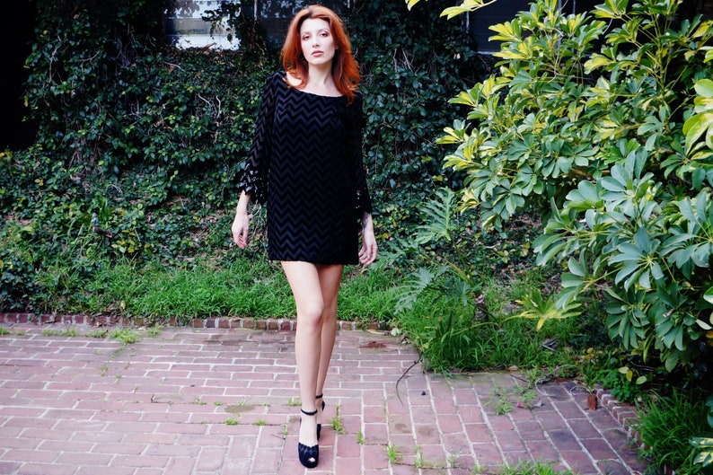 1970s Black Micro Mini Dress With Sequined Bell Sleeves / 1970s Black ...