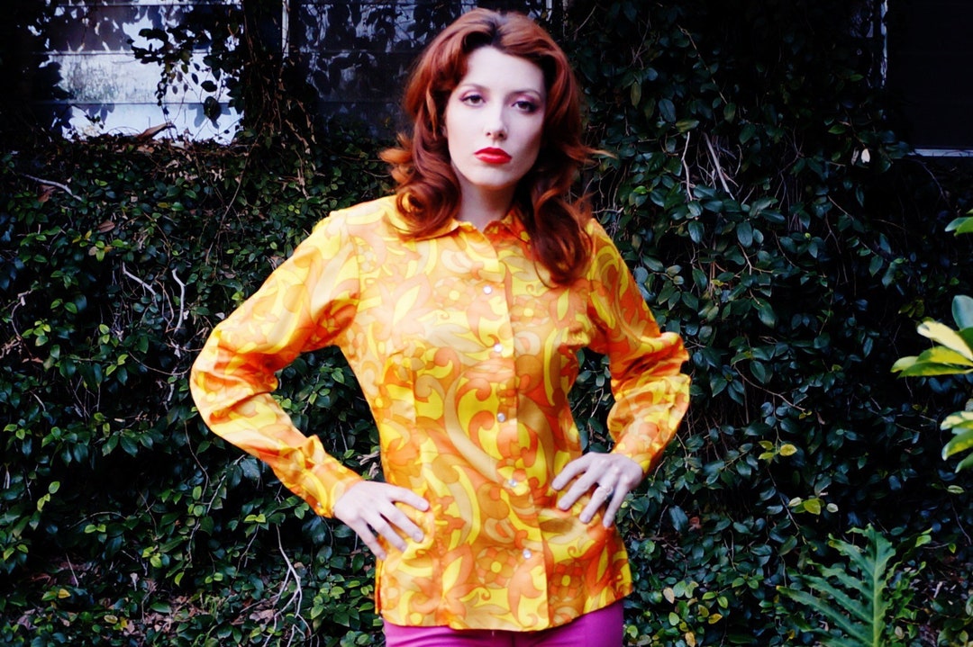 1960s Psychedelic Western Shirt / 1960s Silk Novelty Print Blouse / 60s ...