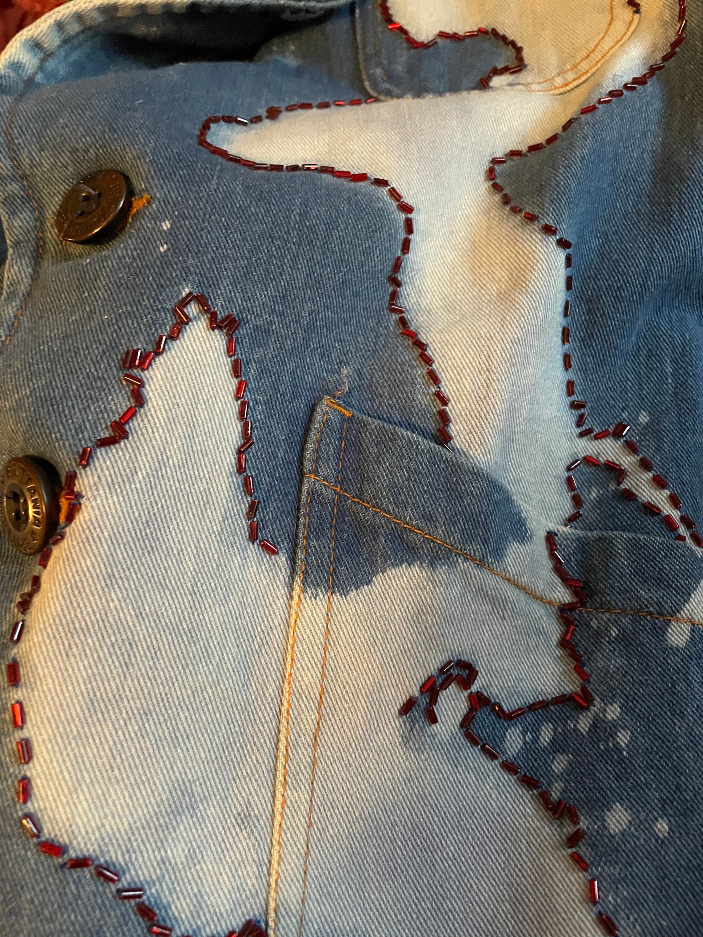 1970s Bleached Beaded Denim Blazer / 1970s Beaded Denim Jacket / 1970s ...