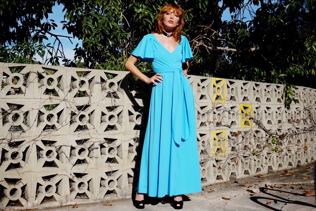 1970s Hostess Dress / 1970s Polyester Maxi Dress / 1970s Prom Dress ...