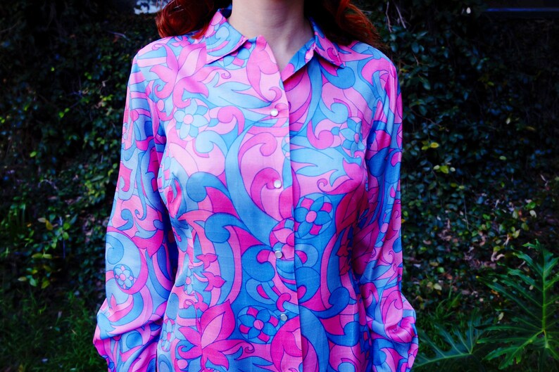 1960s Psychedelic Western Shirt / 1960s Silk Novelty Print Blouse ...