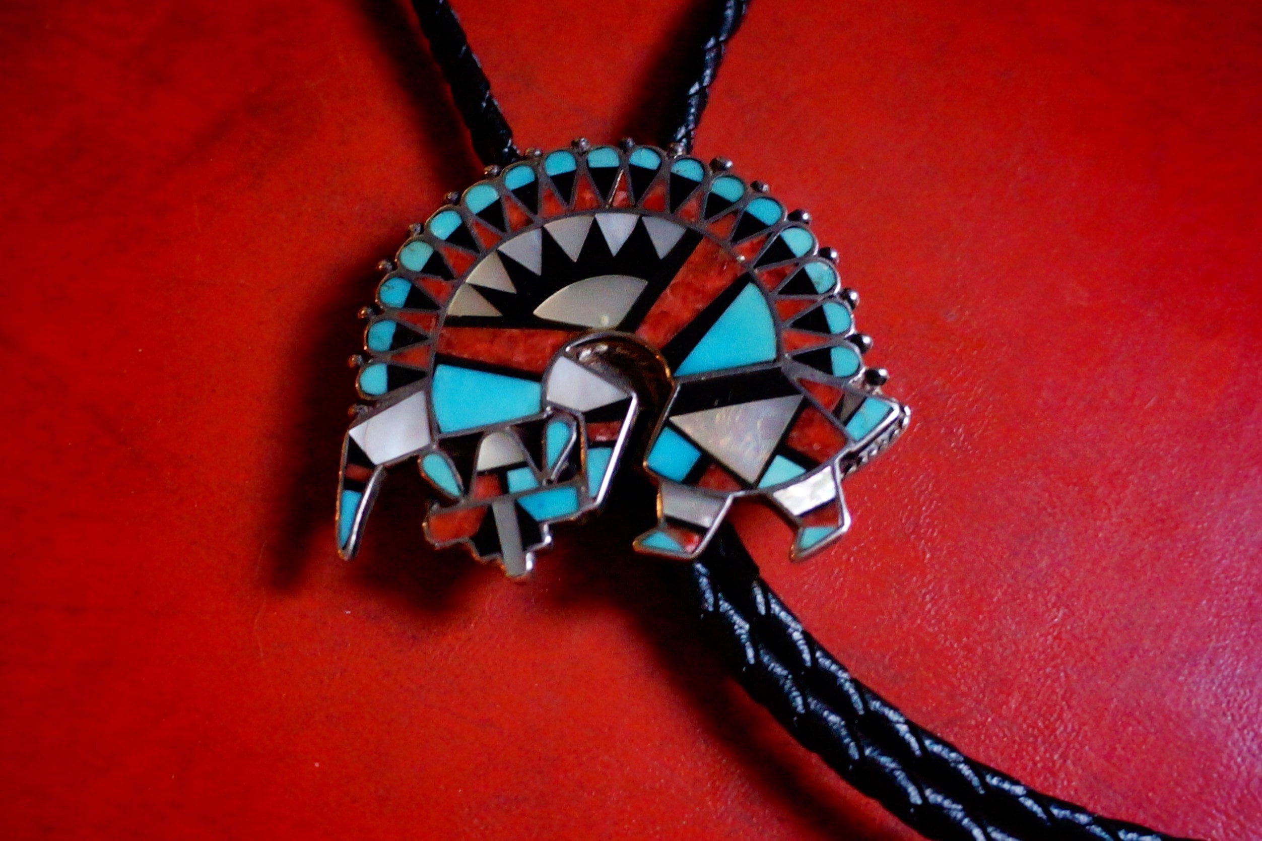 Vintage Zuni Inlay Sterling Silver Coral and Turquoise Bolo Tie Signed ...