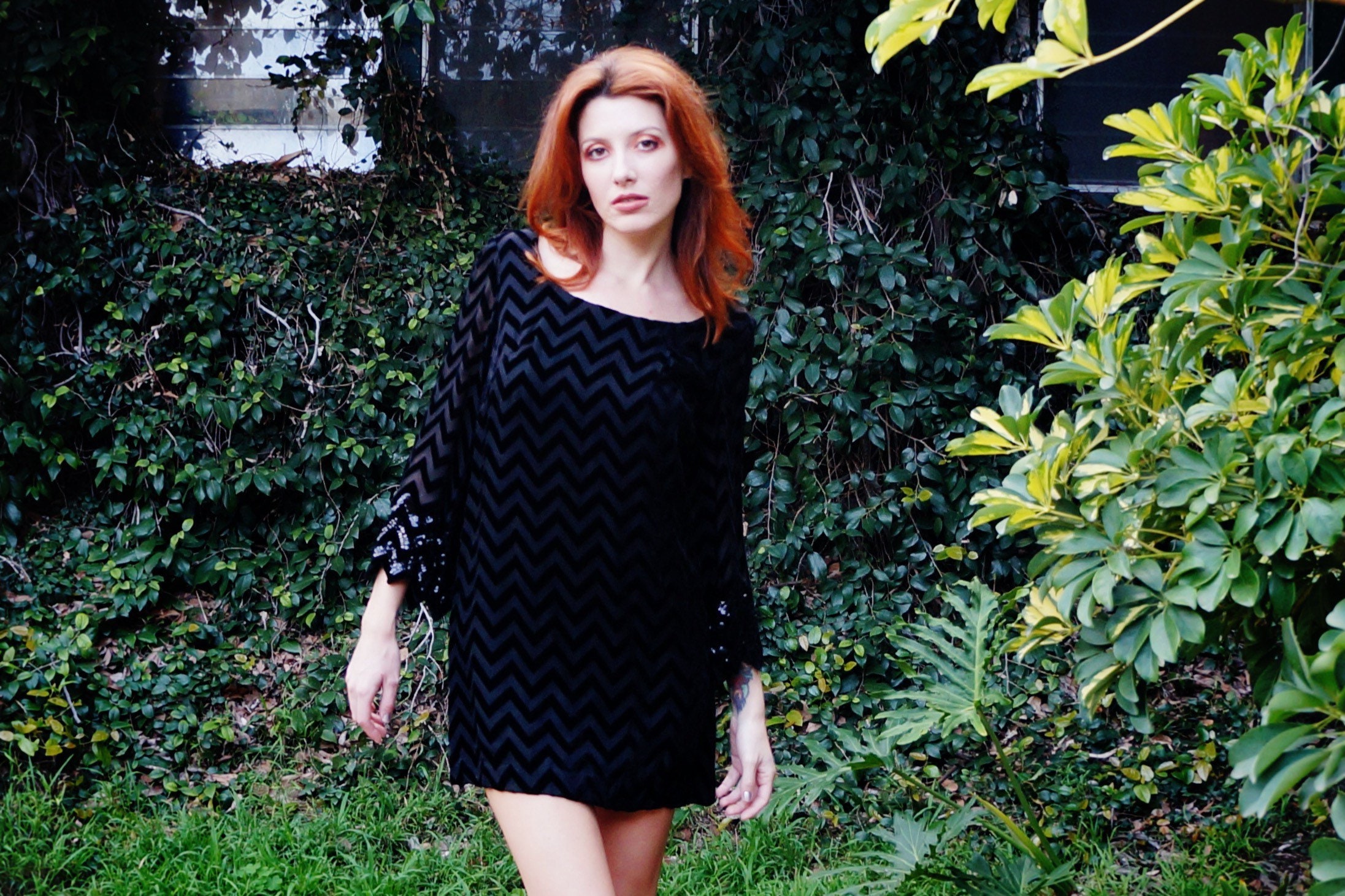 1970s Black Micro Mini Dress With Sequined Bell Sleeves / 1970s Black ...