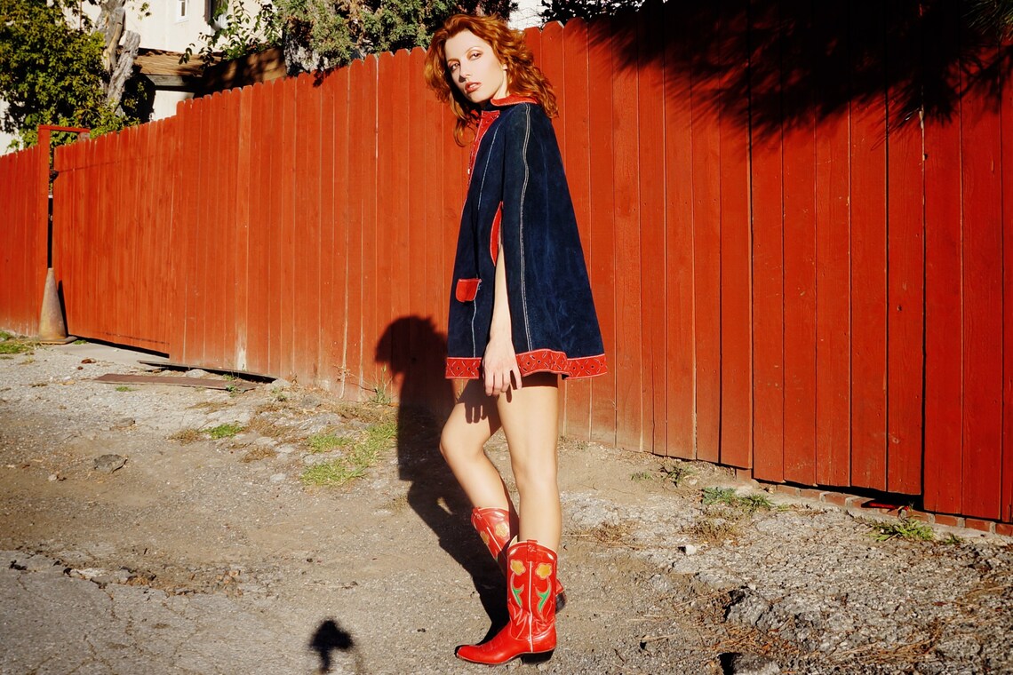 1960s Red and Navy Blue Suede Cape / 1960s Two Tone Suede Cape / 1970s ...