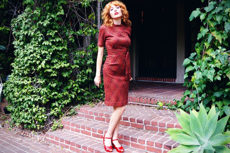 Early 1960s Plaid Tweed Wiggle Dress / 1960s Red Wiggle Dress / 1960s ...