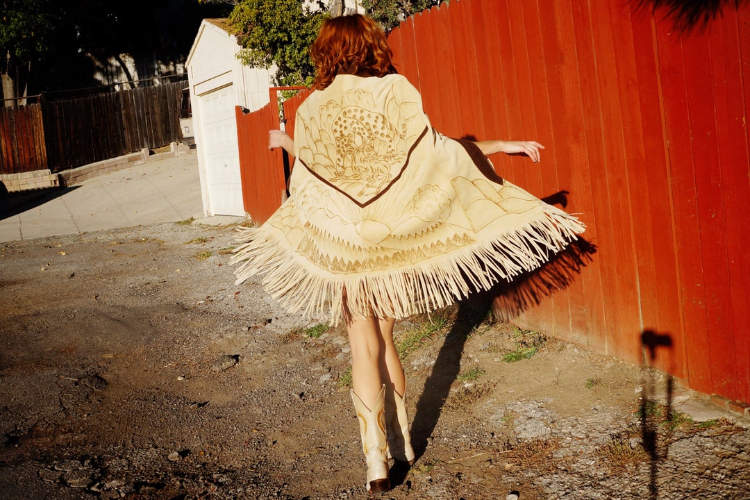 1960s Etched Suede Cape / Tooled Suede Poncho / Suede Fringe Cape - Etsy