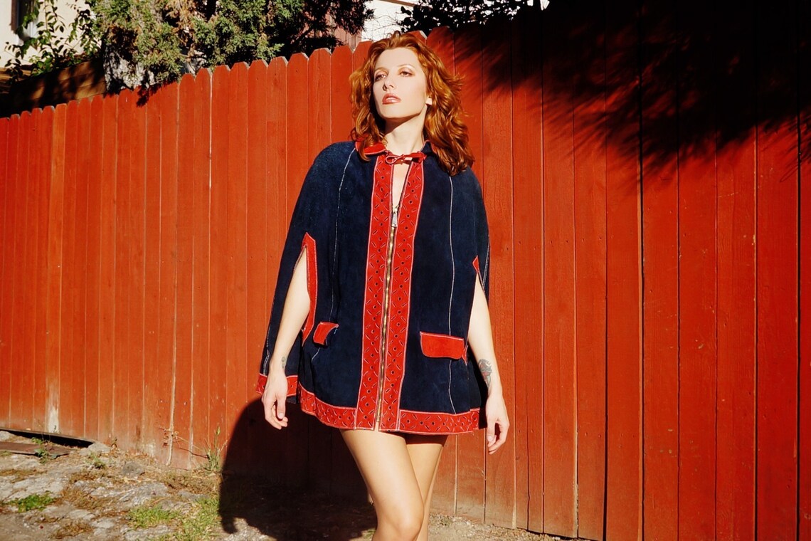 1960s Red and Navy Blue Suede Cape / 1960s Two Tone Suede Cape / 1970s ...