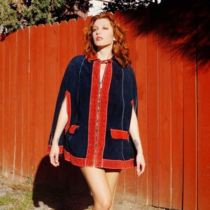 1960s Red and Navy Blue Suede Cape / 1960s Two Tone Suede Cape / 1970s ...