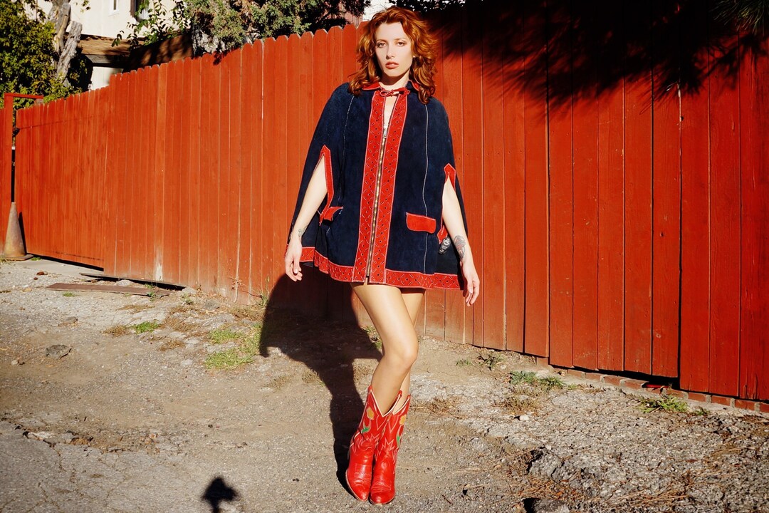 1960s Red and Navy Blue Suede Cape / 1960s Two Tone Suede Cape / 1970s ...