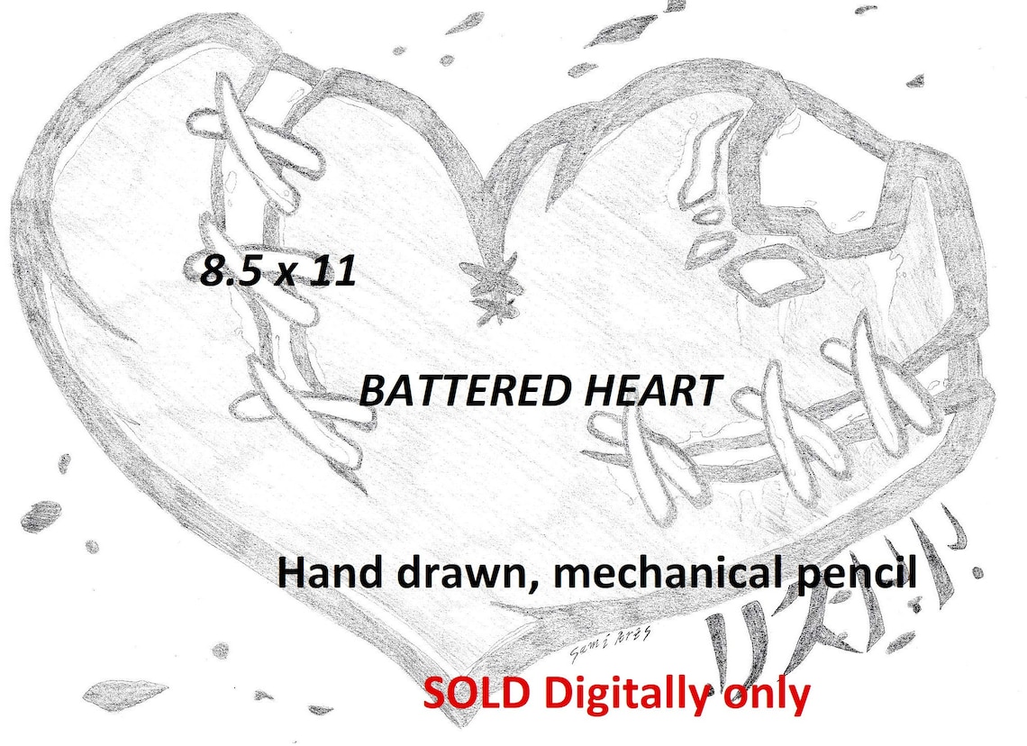 Pencil Drawing, Artwork, Heart, Damaged - Etsy